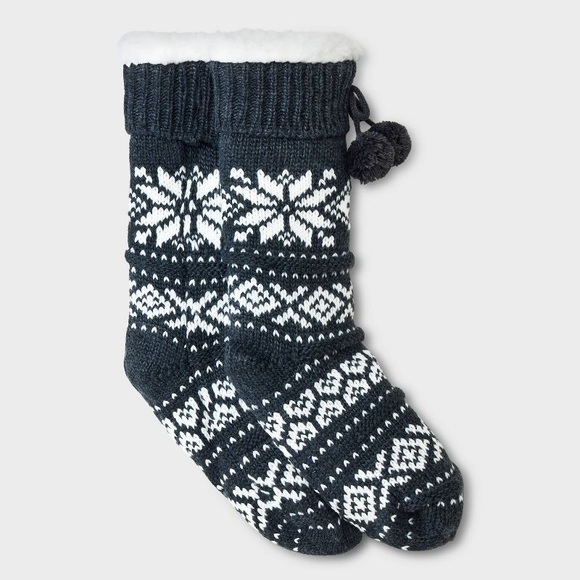 Other | Womens Fair Isle Faux Shearling Lined Slipper Socks With Poms ...